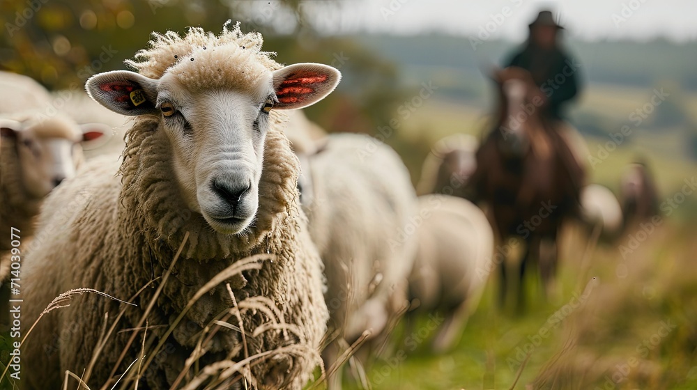 A flock of sheep in a pasture. Early spring morning, dew on the grass ...