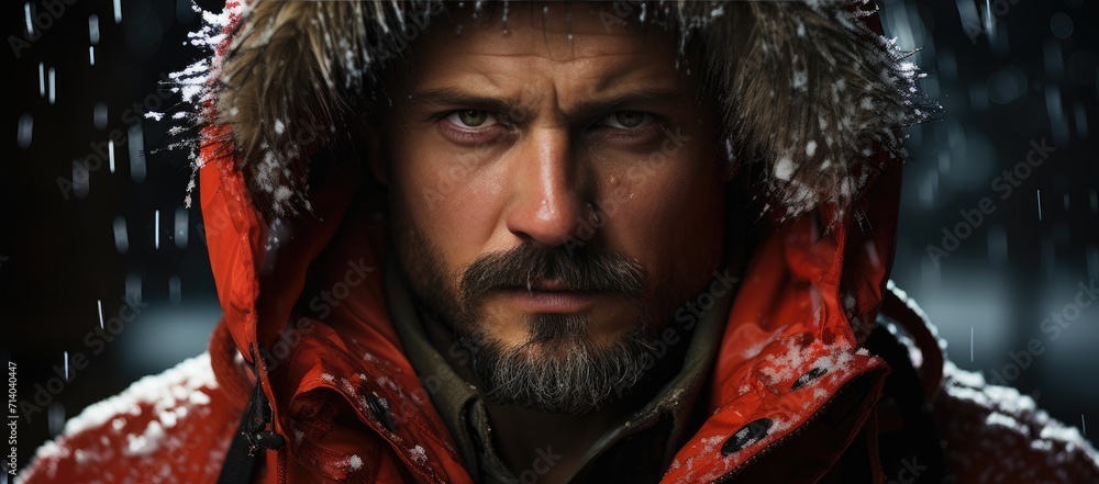 A rugged man with a fiery red coat and a hood concealing his human face ...