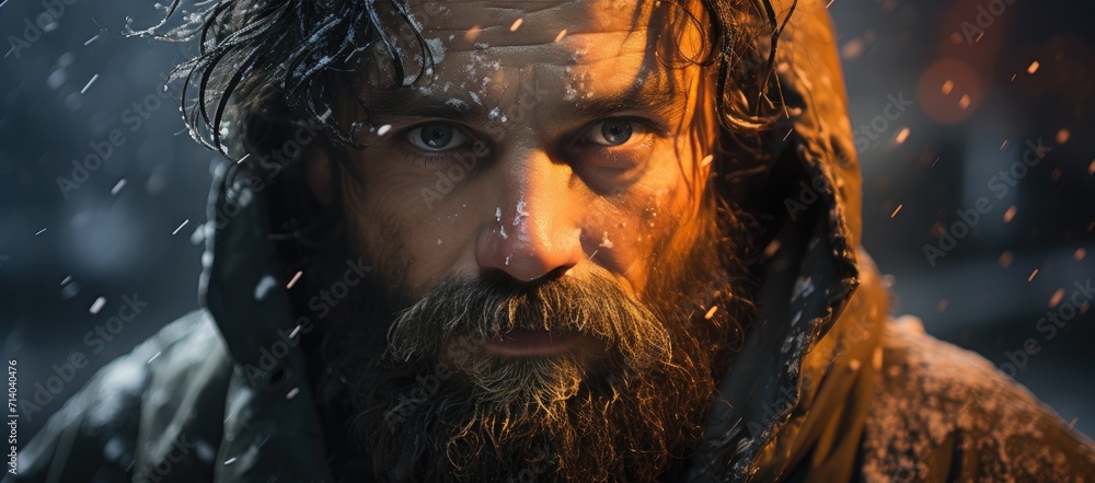 A rugged man with a distinguished beard and mustache stares confidently ...