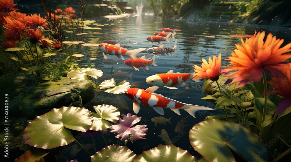 Koi Fish Swimming in Pond with Lily Pads 8K/4K - Tranquil Aquatic Scene ...