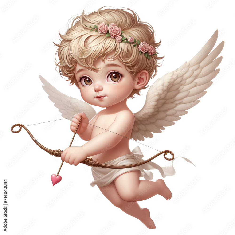 Cute cupid angel with big eyes, heart arrow and floral crown isolated ...