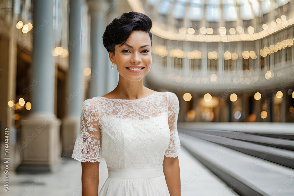 radiant woman with a stylish pixie haircut and a warm smile, wearing a ...