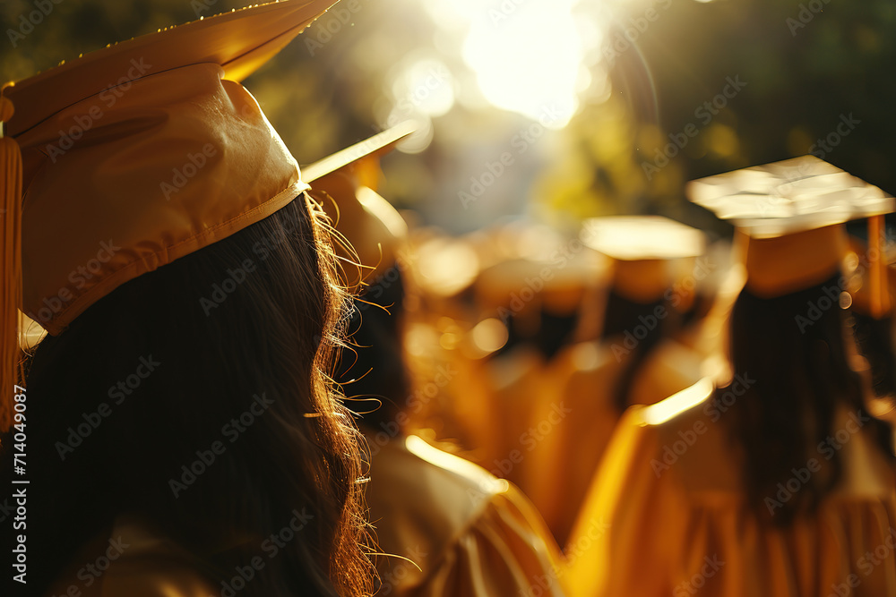 university graduates wearing graduation gown and square caps, view from ...