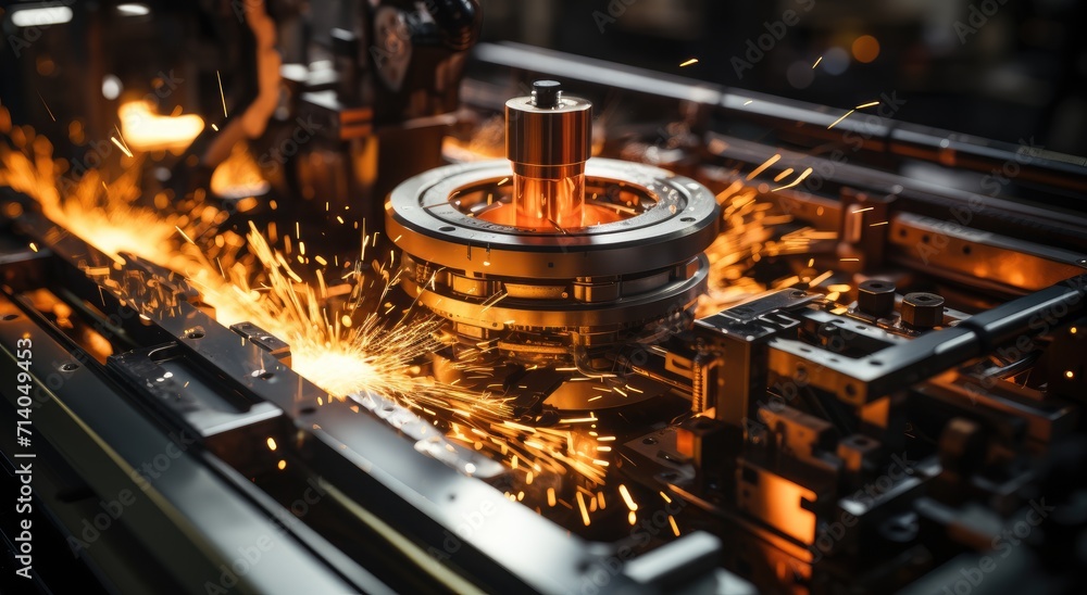 A fiery machine inside a bustling factory, its sparks illuminating the ...