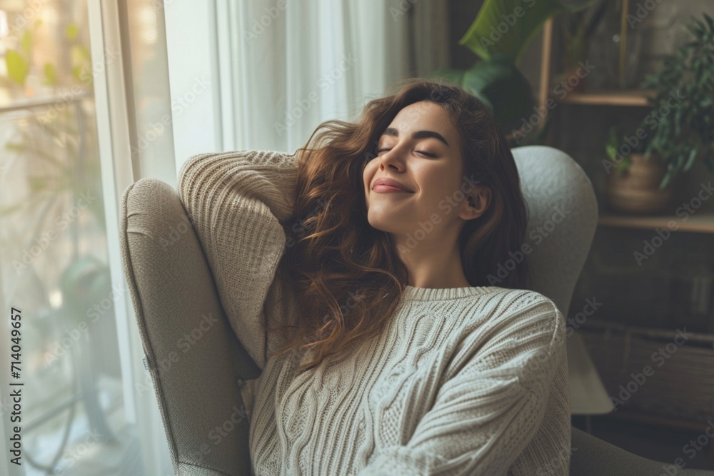 Young relaxed smiling pretty woman relaxing sitting on chair at home ...