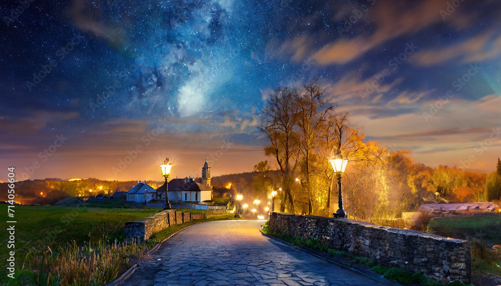 scenario of a small town street at night background ai art Stock ...