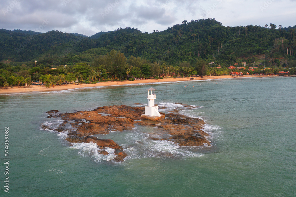 Aerial top view of lighthouse tower, Khao Lak with seawater, Andaman ...