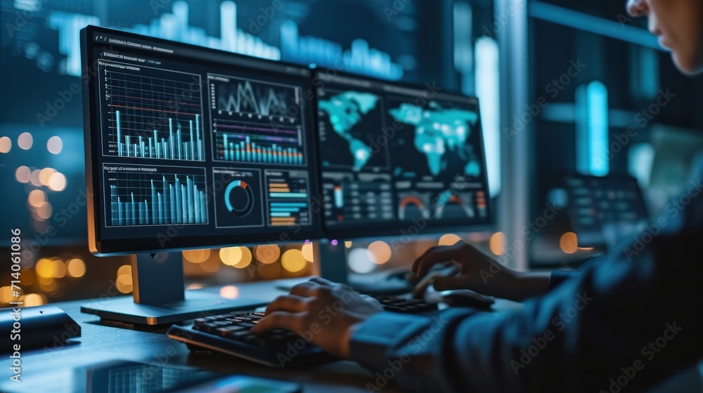 analyst uses computer and dashboard for data business analysis and Data ...