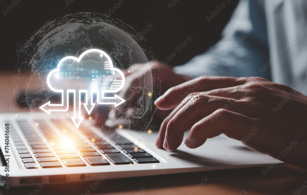 Business person migrate data and corporate information into cloud technology for data security ...