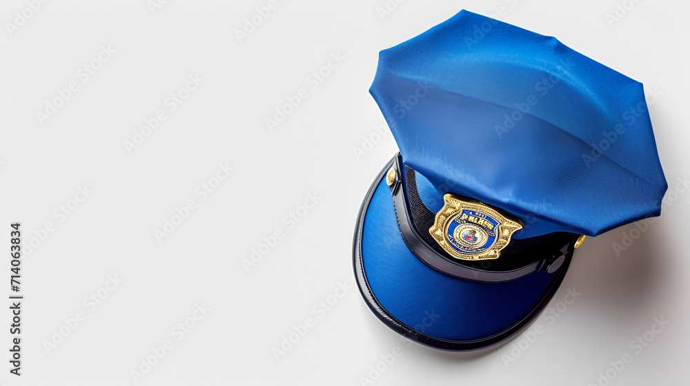 blue police uniform cap with badge on isolated white background . copy ...