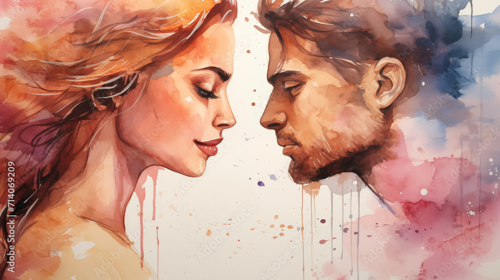 Romantic couple of man and woman reaching out for a kiss, painted with ...