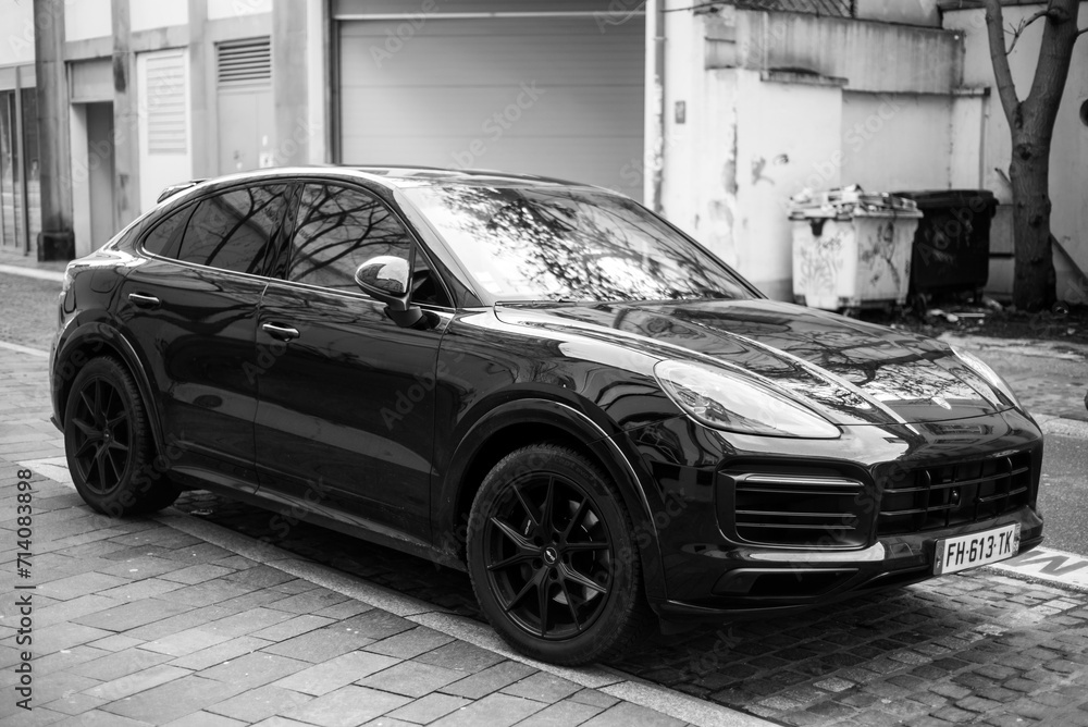 Mulhouse - France - 14 January 2024 - Front view of black Porsche ...
