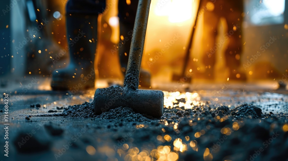 Construction worker pounds cement with a hammer on the floor of a ...