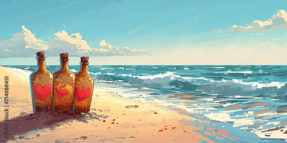 Heartfelt Messages in a Bottle - Create an illustration of a beach ...