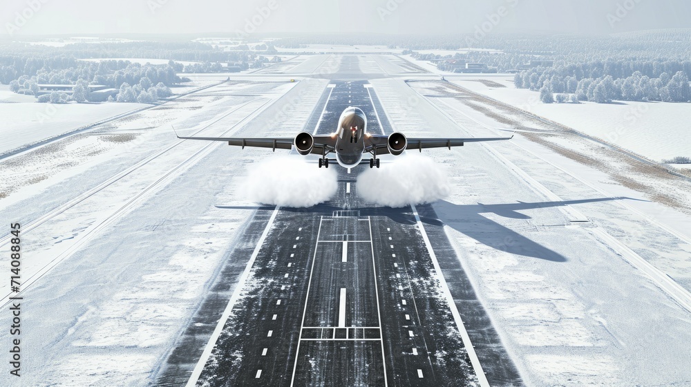 Snowy airport runway with a powerful jet blast as an airliner takes off ...