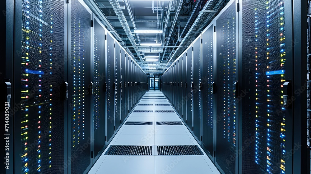 A modern server room with neatly aligned racks, powerful cooling system ...