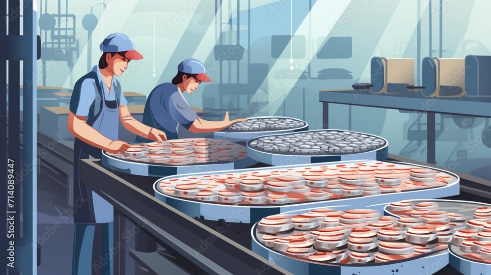 Worker working in canned food factory. Food industry. Canned fish ...