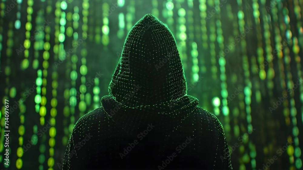 cyber security hacker with a hoodie at green alphabet rain matrix ...