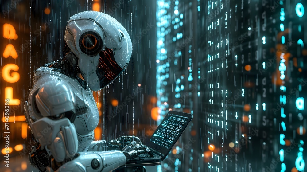 ภาพประกอบสต็อก cyberpunk robot using laptop in neon alphabet rain ...