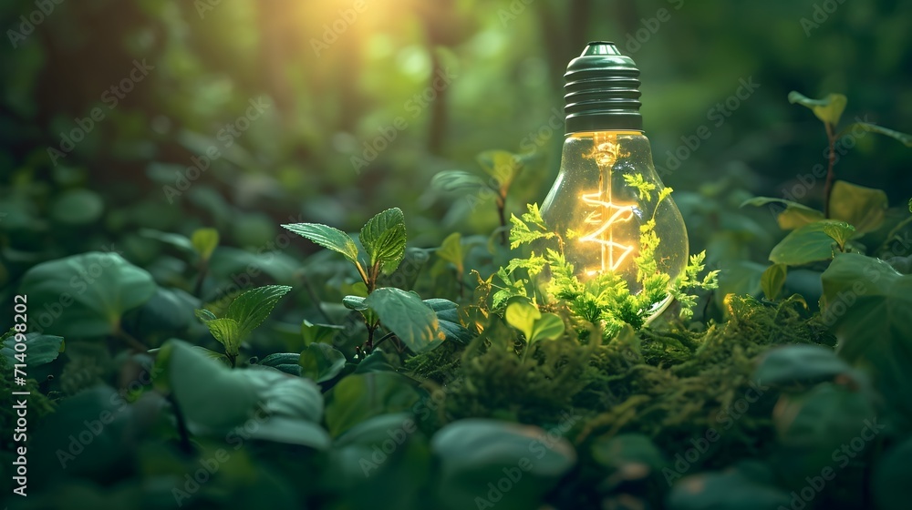 green energy bulb at the forest, lush green forest environment with ...