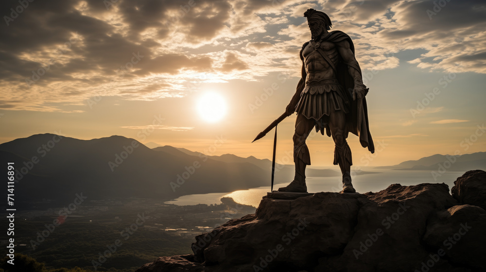 An epic photograph of a Greek hero with a sword, poised for a legendary ...