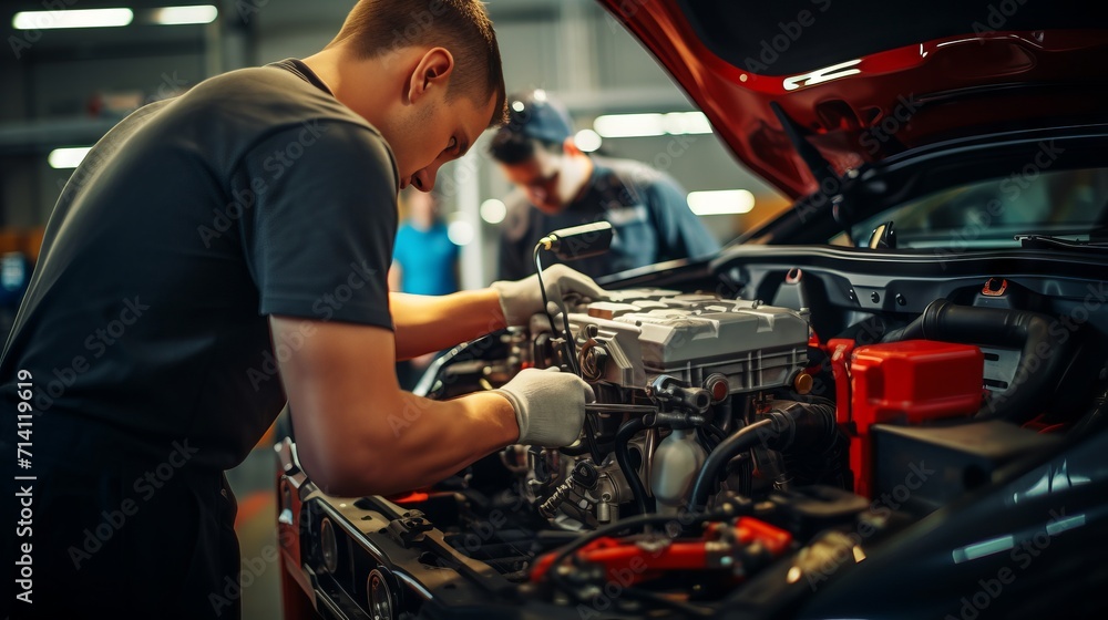 auto mechanic working with car engine in auto repair service station ...