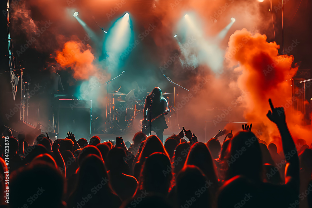Concert stage, crowd in the stadium, in the style of misty gothic, dark ...