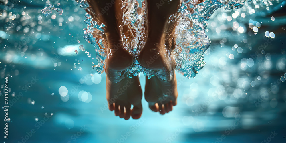 Underwater closeup view of female Feet. Legs of a synchronized swimmer ...