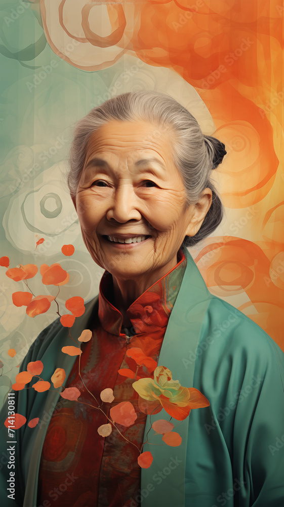 Artwork with smiling elderly retired Chinese woman. Concept of ...