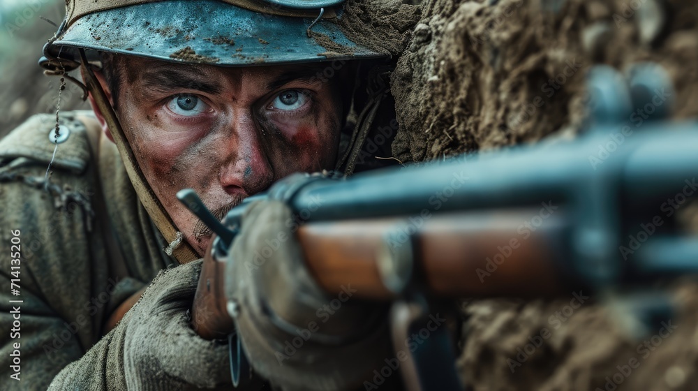 A World War I Infantry Soldier, War-Weary Expression, Grips a Bolt ...