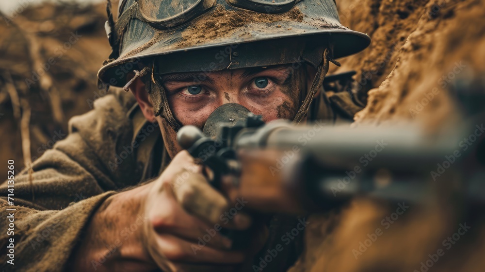 A World War I Infantry Soldier, War-Weary Expression, Grips a Bolt ...
