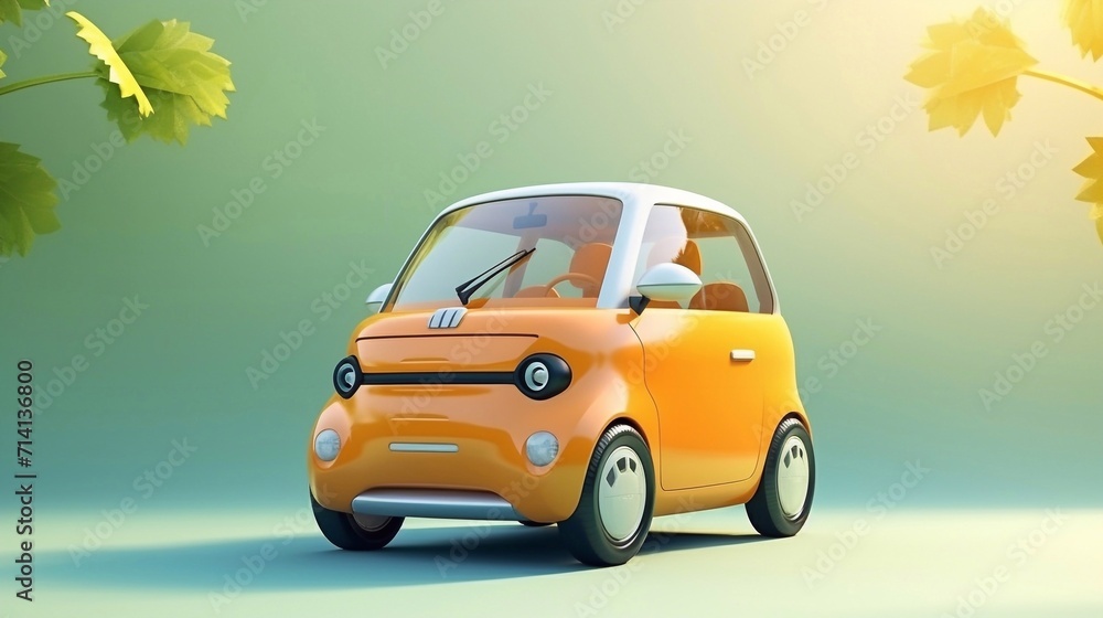 Small green electric micro car. Modern eco-friendly vehicle. Tiny and funny eco transport on ...