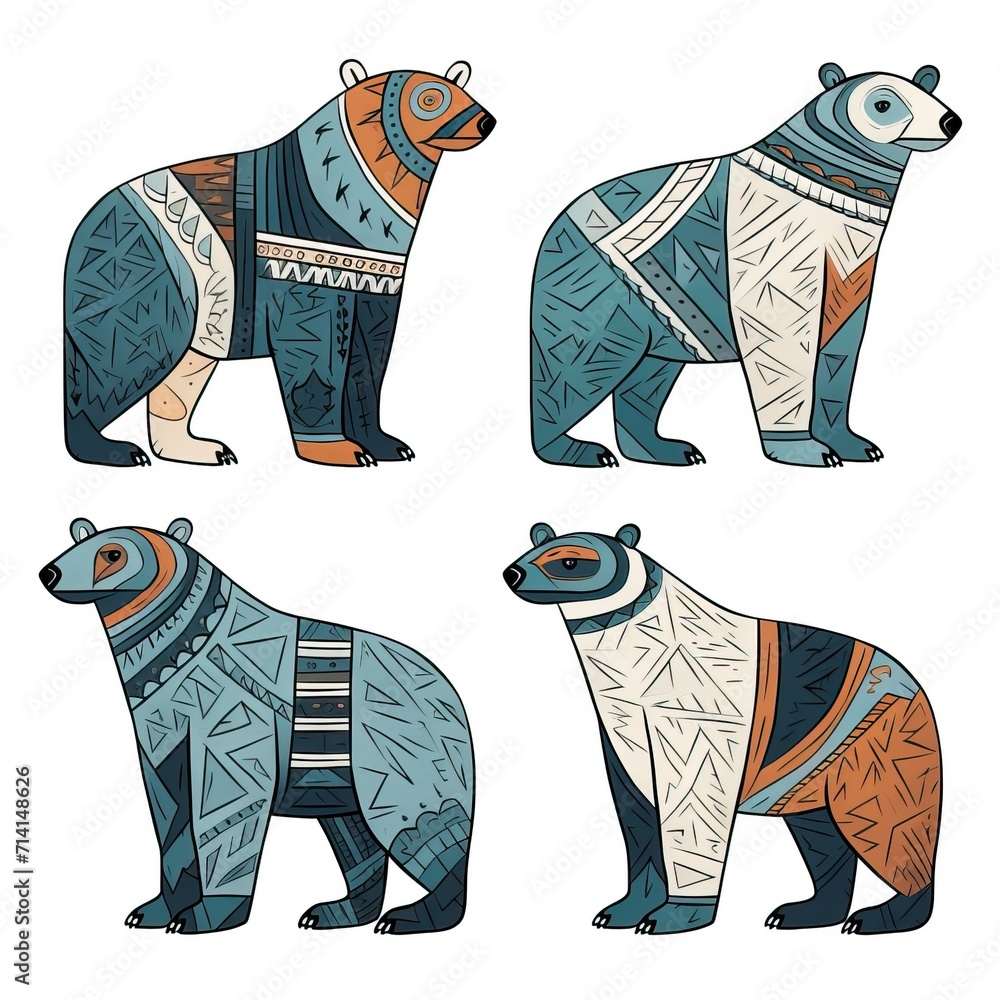 four different polar bears drawings on a white background, in the style ...