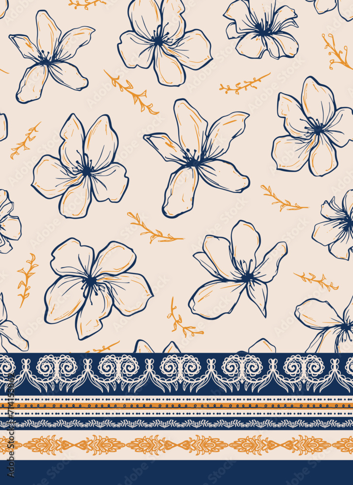 Hand drawn bloomy flowers seamless repeat pattern with editable border ...