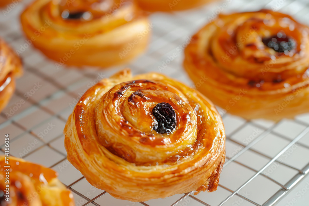 Just baked pain aux raisins on cooking wire rack. Directly above, white ...