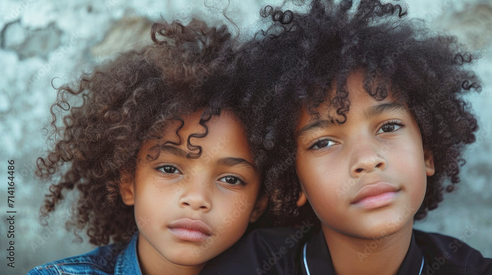 Portrait of two brothers with dark skin and afro hair who look at the ...