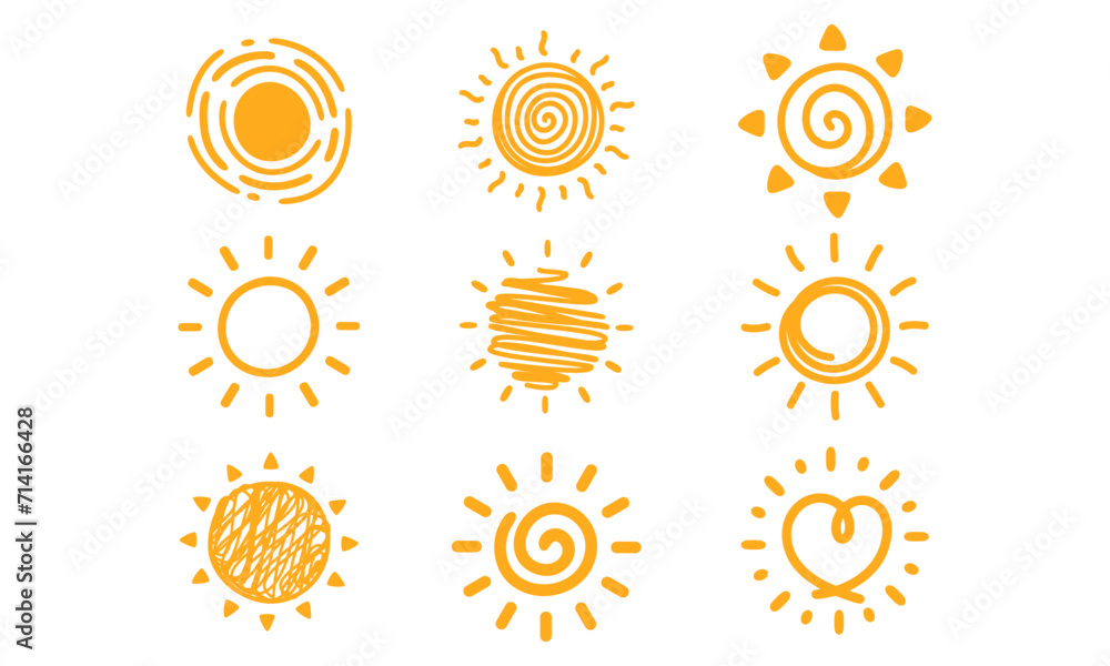 Vector con diversos tipos de sol. Sol radiante y amarillo. Ilustración ...