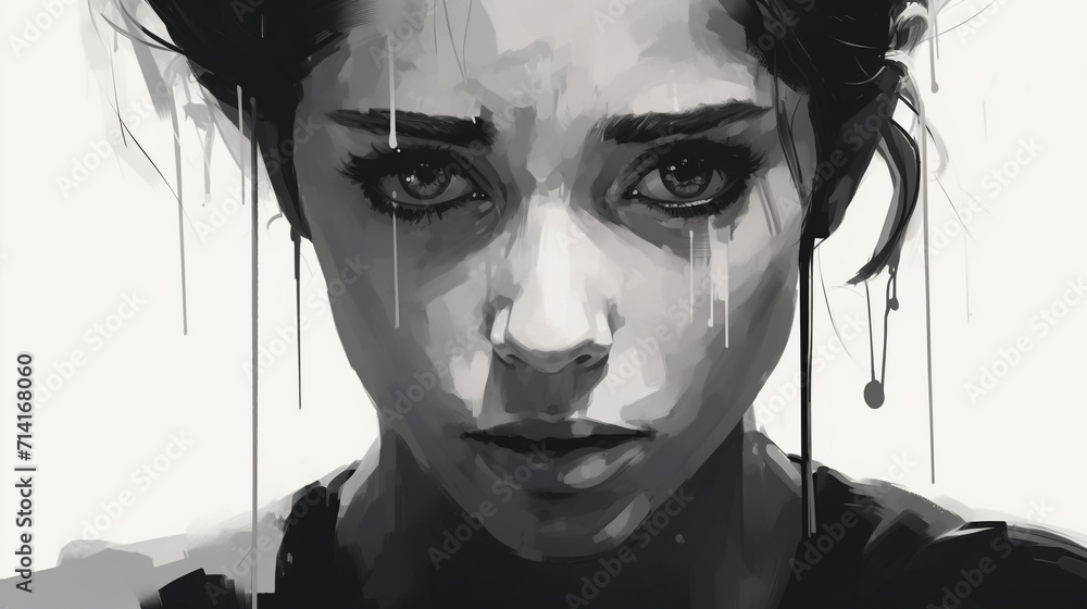 crying suffering haggard woman face close-up black and white picture ...