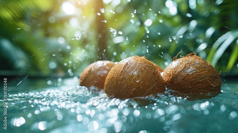 three coconuts sitting on top of a pool of water with drops of water ...