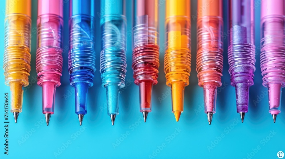 a group of pens lined up next to each other on top of a blue and pink ...