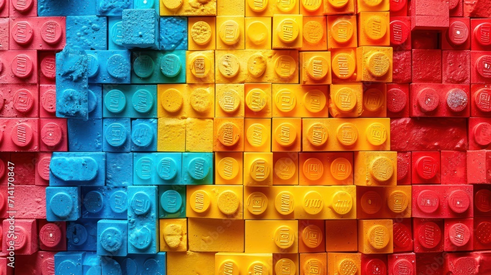 a multicolored wall made of legos with a rainbow of colors in the middle of the wall and a ...