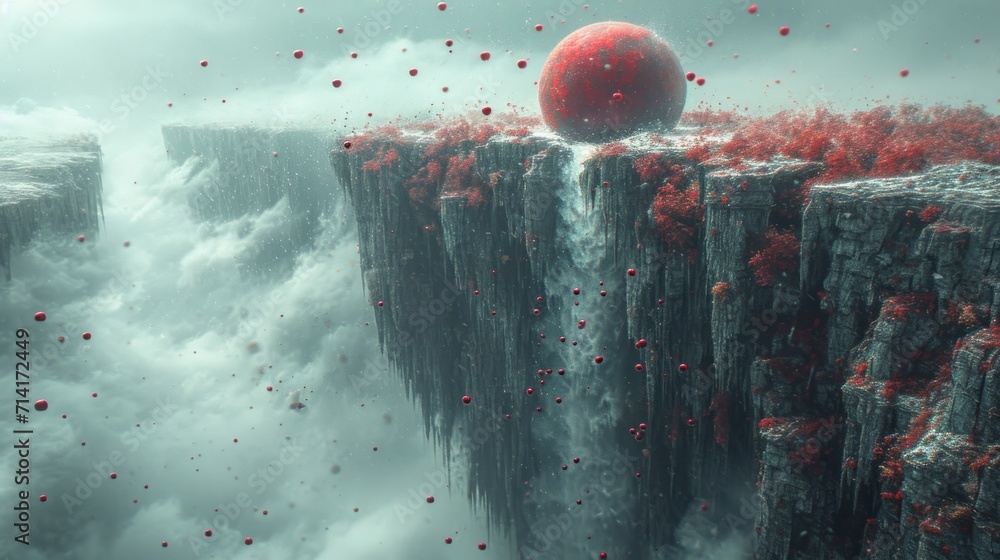 a red ball sitting on top of a cliff in the middle of a sea of red ...