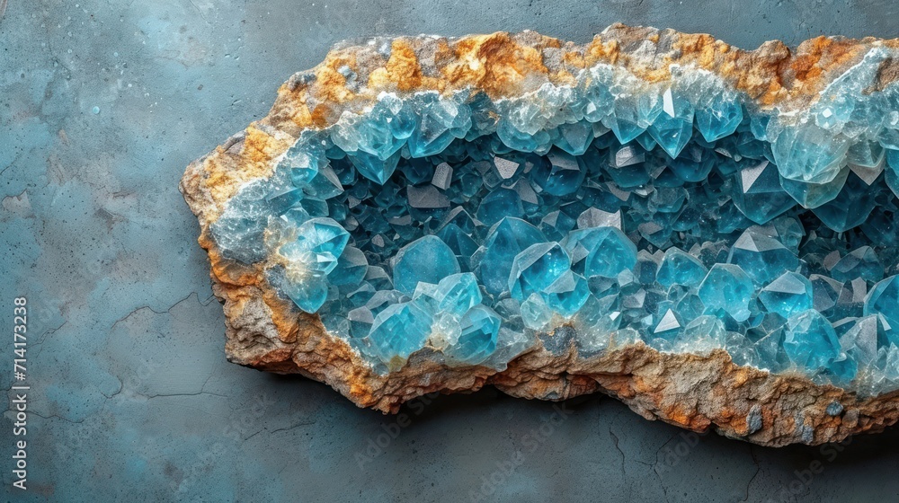 a close up of a piece of rock with blue and yellow crystals on it, on a ...