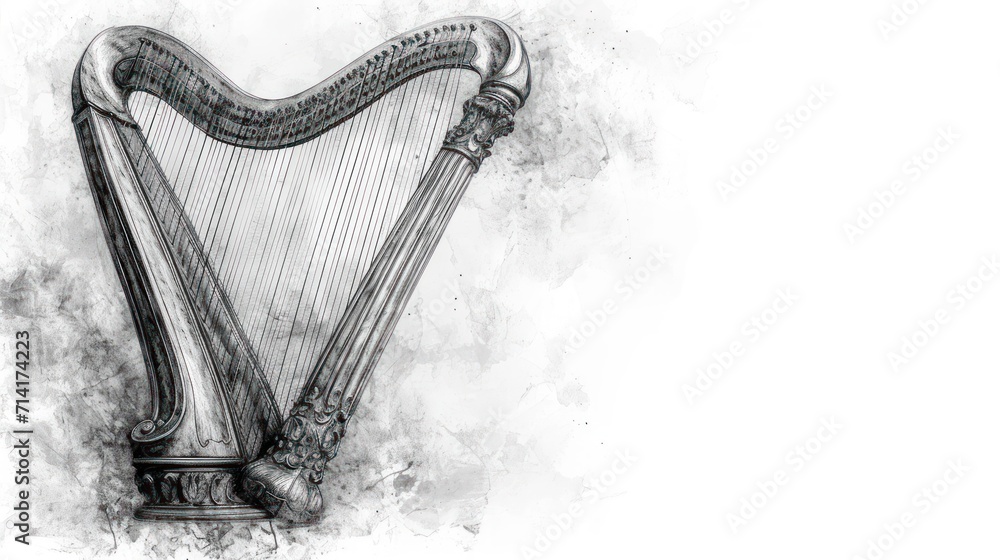 a drawing of a harp with a long neck and a long neck, in black and ...