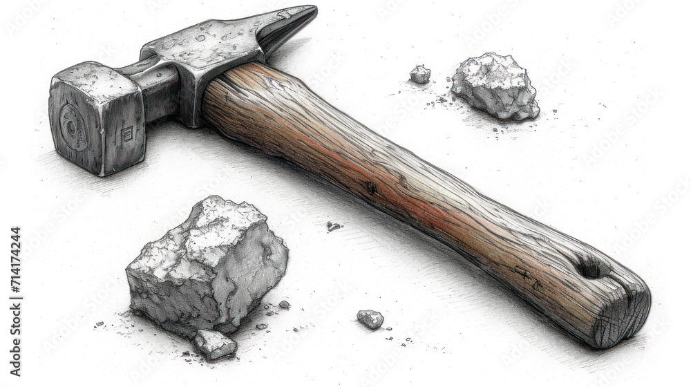 a pencil drawing of a hammer and a rock on a white paper with a pencil ...