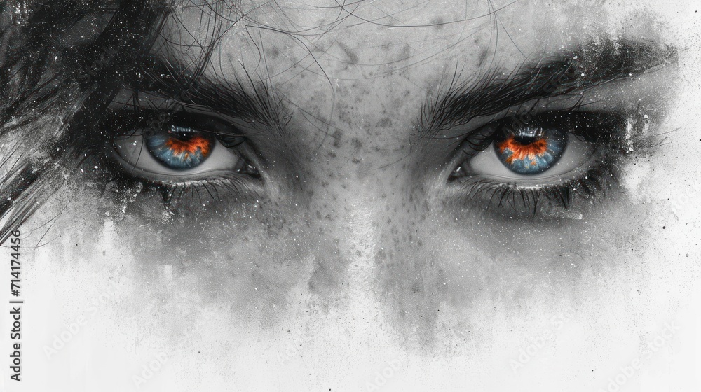 a black and white photo of a woman's face with red and blue eyes and ...
