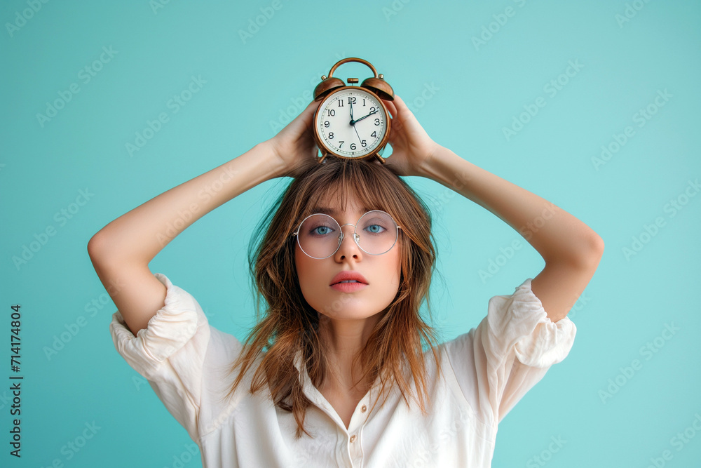 Woman holding an alarm clock above her head. Time management, schedule ...