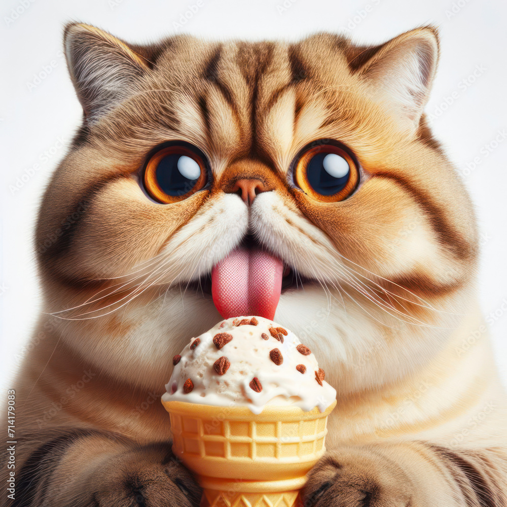 Exotic Shorthair cat with tongue hanging out and big bulging eyes eat ...