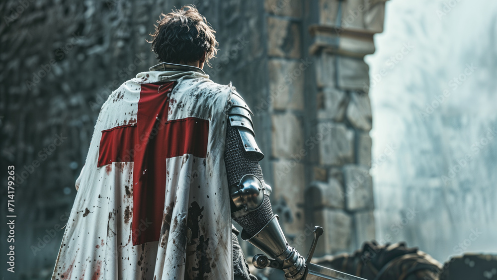 Crusader templar soldier holding a sword and wearing a cape with a red ...