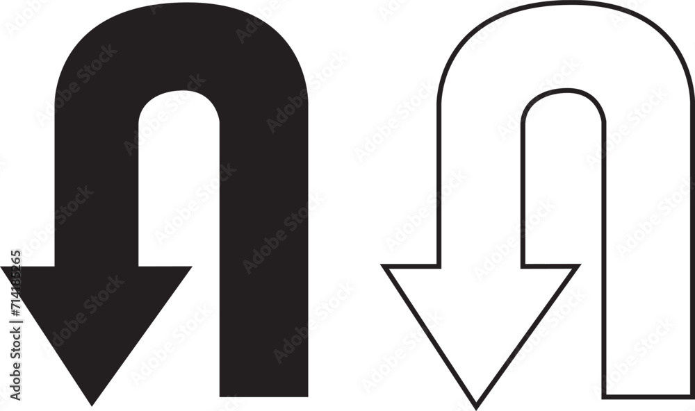 Black go back return arrow icon, simple vector u turn shape pointer ...